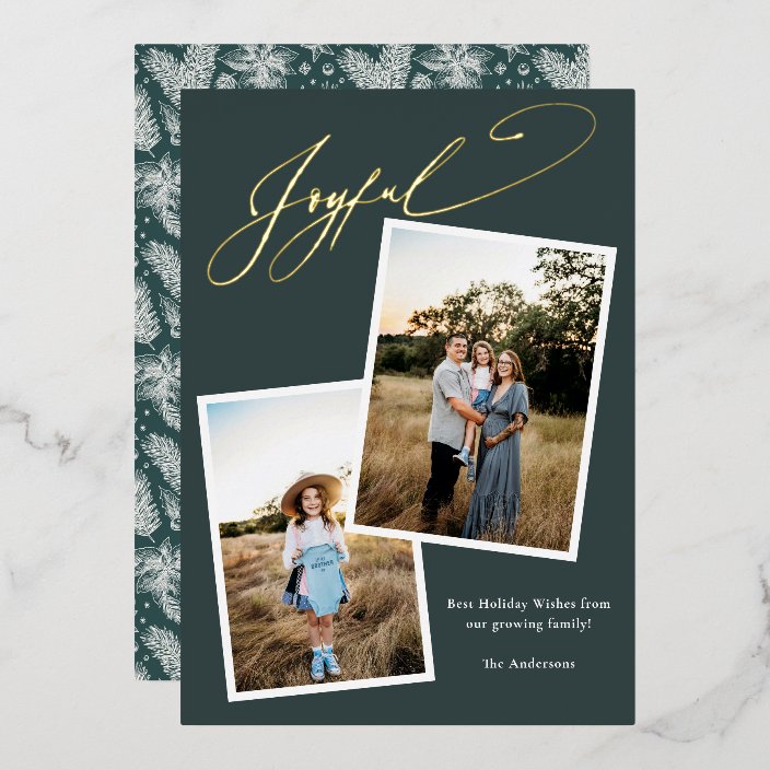 Elegant Joyful Green Calligraphy Photo Pregnancy Foil Holiday Card | Zazzle