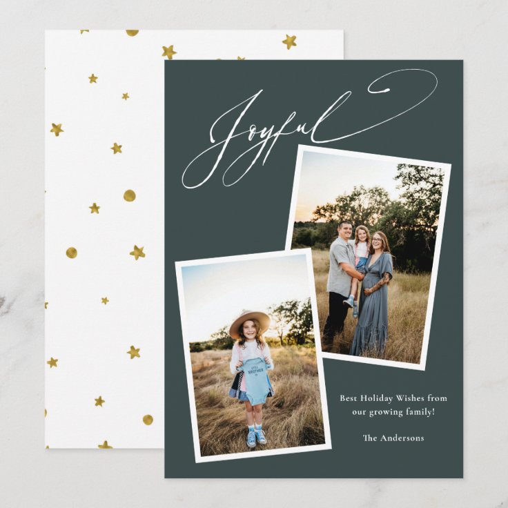 Elegant Joyful Green Calligraphy Photo Pregnancy Holiday Card | Zazzle
