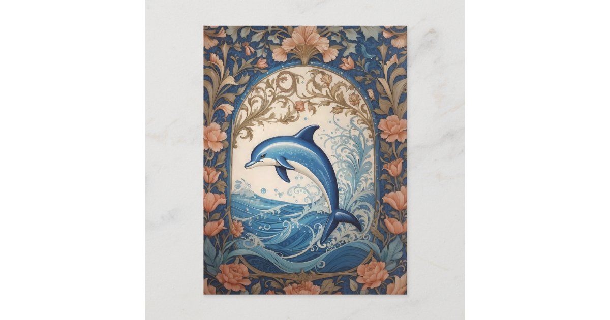Elegant Jumping Dolphin William Morris Inspired Postcard | Zazzle