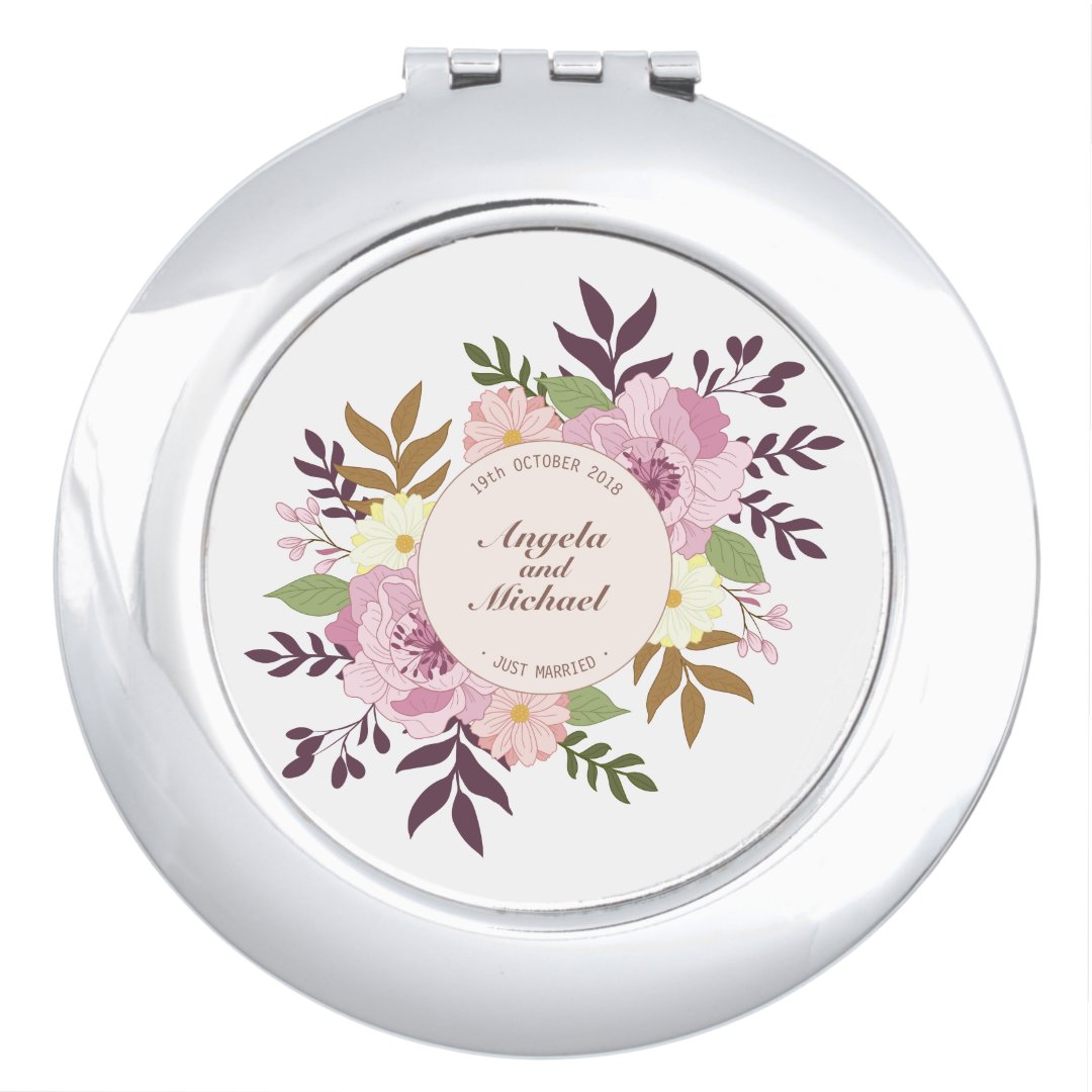 Elegant Just Married Floral Wedding Compact Mirror | Zazzle