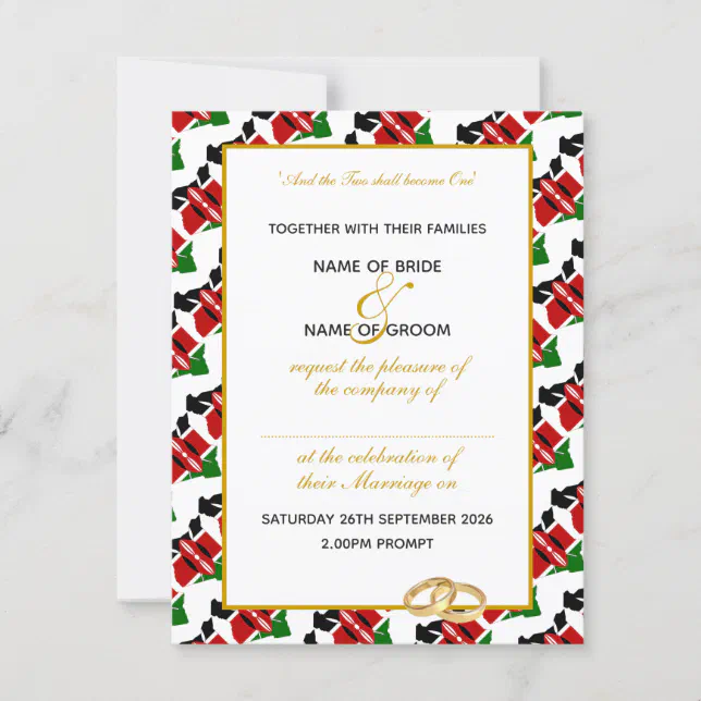 Elegant KENYA FLAG with Gold Script WEDDING Invitation | Zazzle
