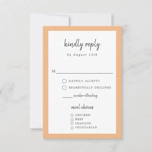 Elegant Kindly Reply Peach Wedding Meal Choice RSVP Card | Zazzle