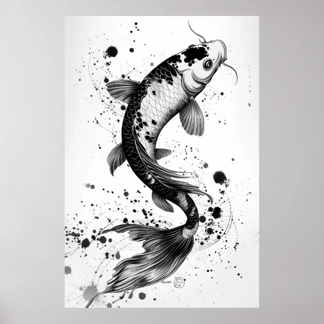Elegant Koi Fish Pond Black Stroke Flat Illustrati Poster | Zazzle