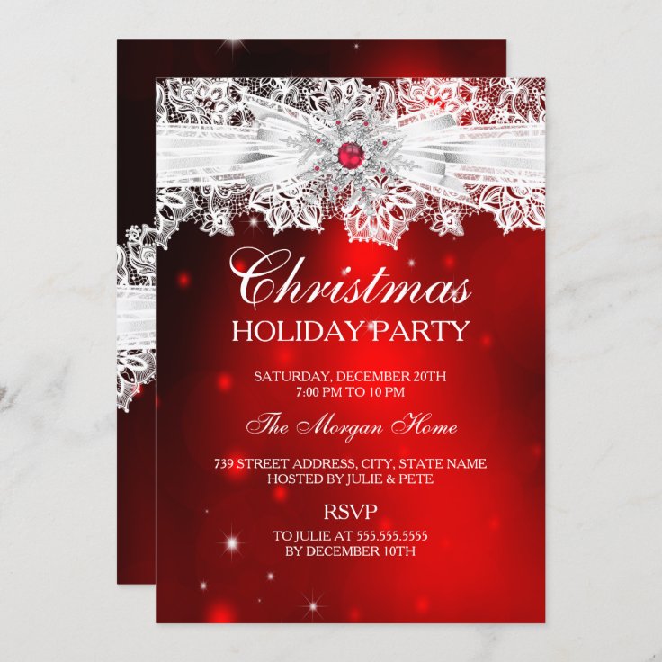 Elegant Lace Bow Red Christmas Holiday Party Invitation | Zazzle