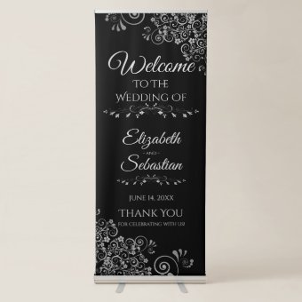 Elegant Lacy Silver & Black Classy Wedding Welcome Retractable Banner ...