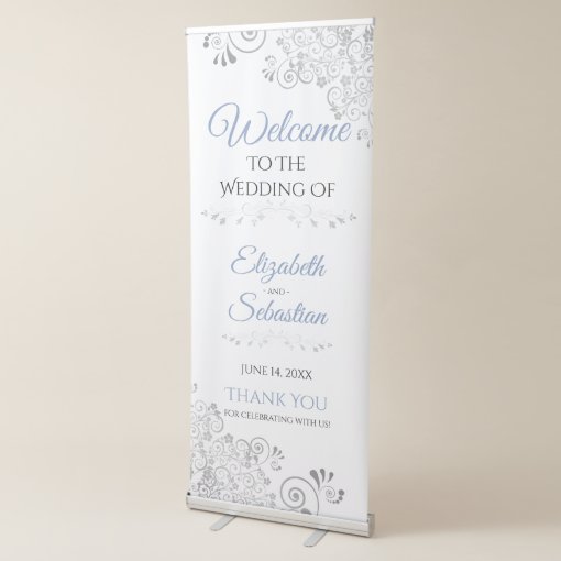 Elegant Lacy Silver & Dusty Blue Wedding Welcome Retractable Banner ...