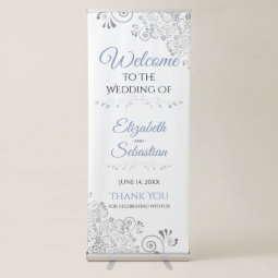 Elegant Lacy Silver & Dusty Blue Wedding Welcome Retractable Banner ...