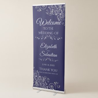 Elegant Lacy Silver on Navy Blue Wedding Welcome Retractable Banner ...