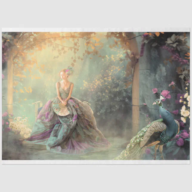 Elegant Lady & a Peacock, Vibrant Portrait Art Tissue Paper | Zazzle