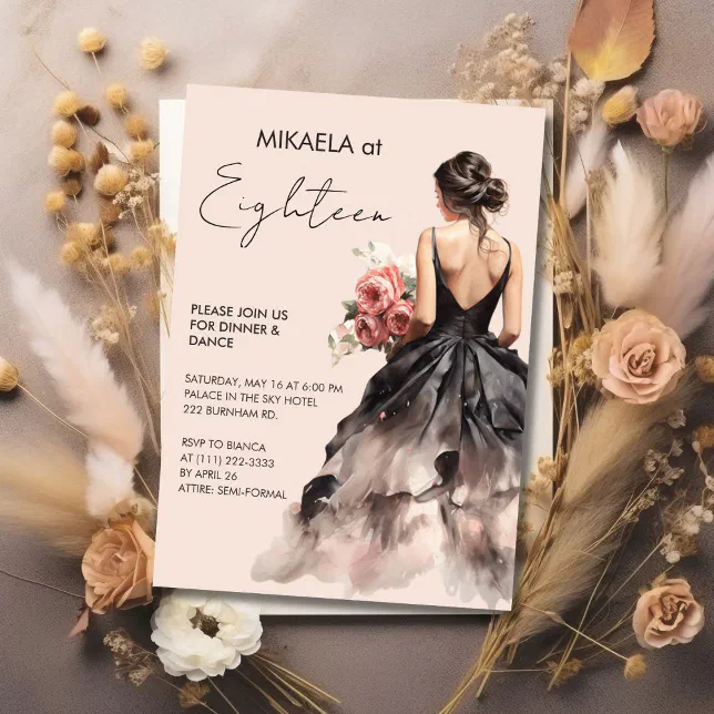 Elegant Lady In Black Gown 18th Birthday Party Invitation | Zazzle