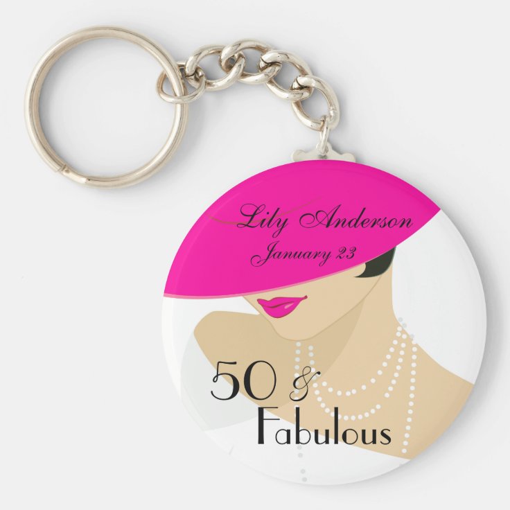 Elegant lady retro 50 & Fabulous hot pink pearls Keychain | Zazzle