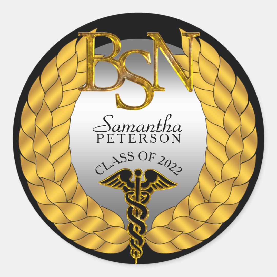 Elegant Laurel Wreath BSN Nursing Degree Caduceus Classic Round Sticker ...