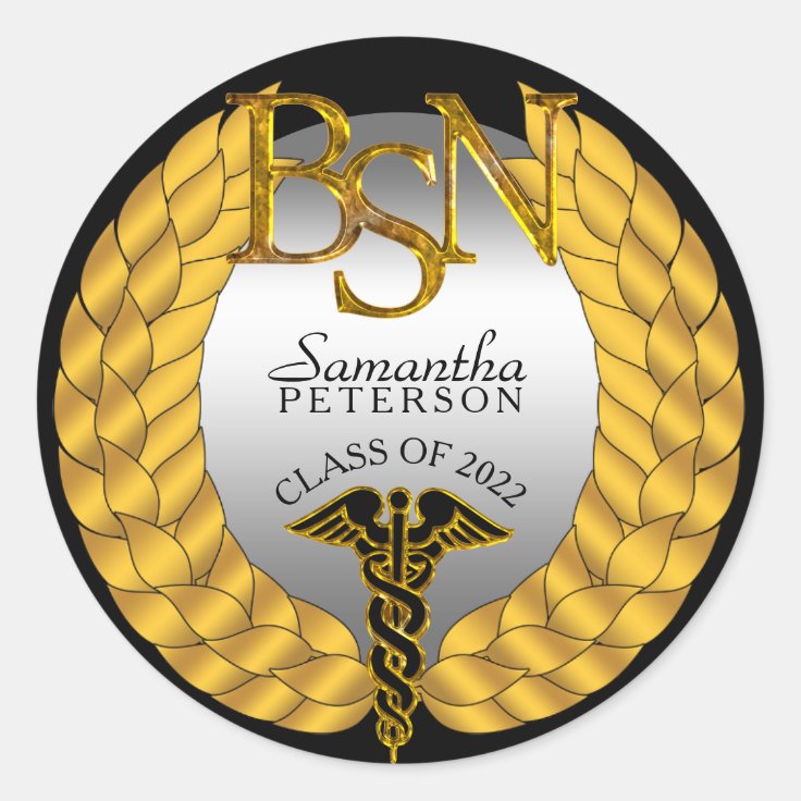 Elegant Laurel Wreath BSN Nursing Degree Caduceus Classic Round Sticker ...