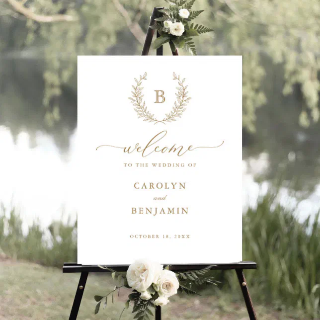 Elegant Laurel Wreath Monogram Crest Welcome Sign | Zazzle