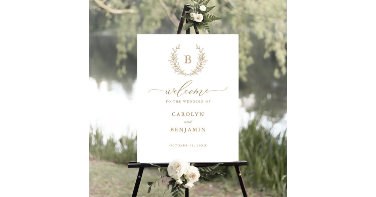 Elegant Laurel Wreath Monogram Crest Welcome Sign | Zazzle