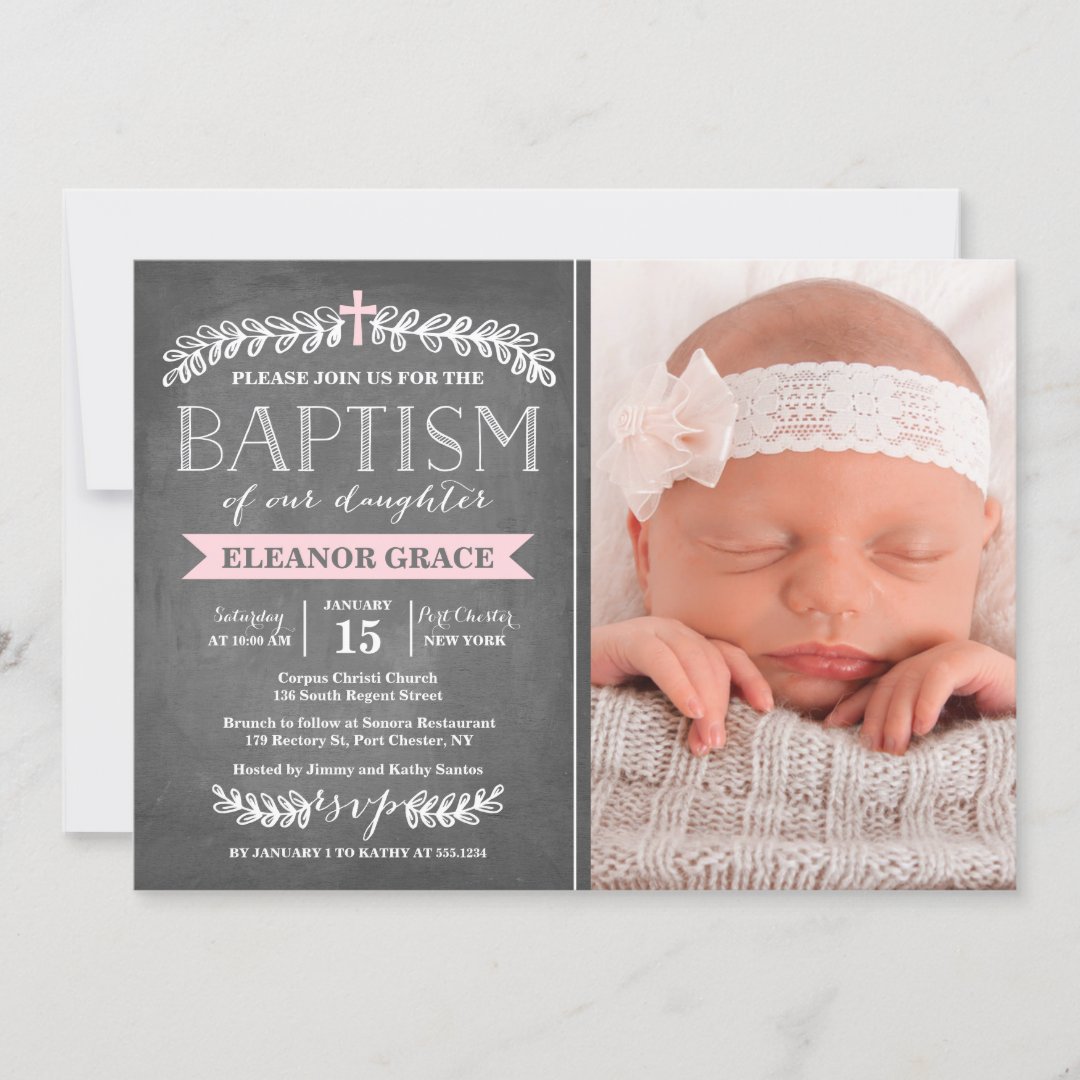 Elegant Laurels Pink | Baptism Invitation | Zazzle