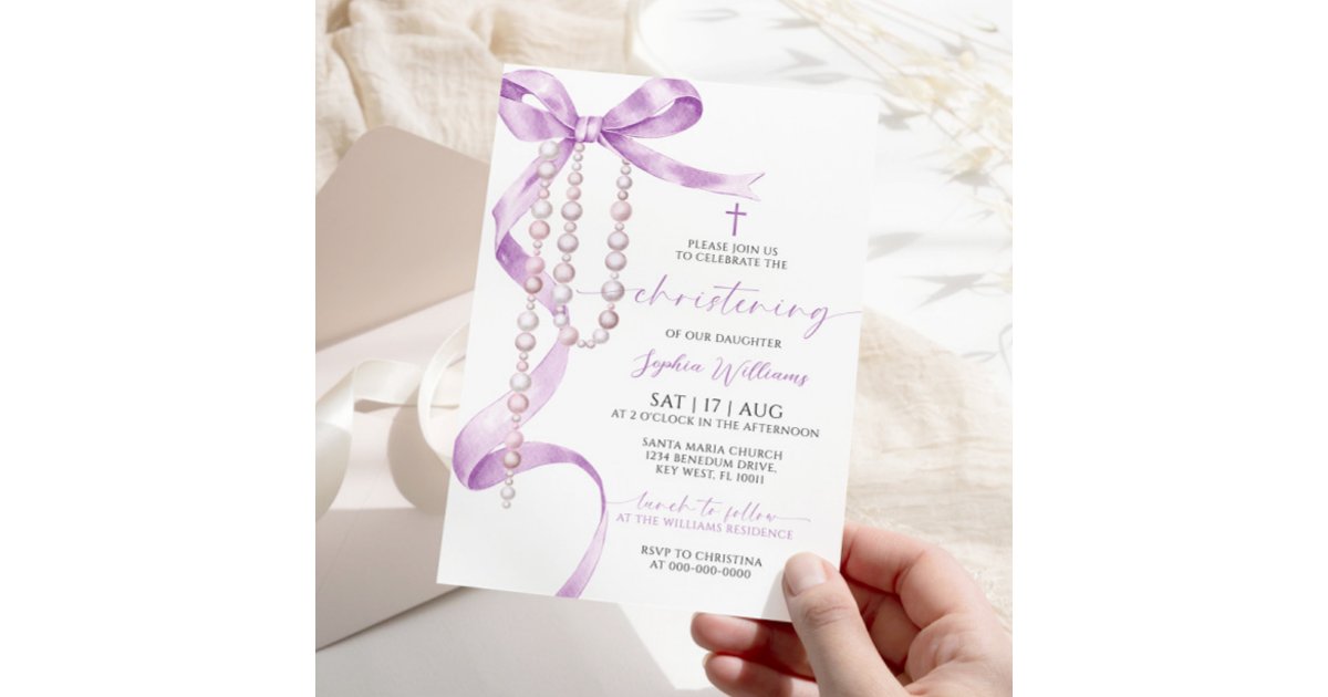 Elegant Lavender Bow & Rosary Christening Invitation | Zazzle