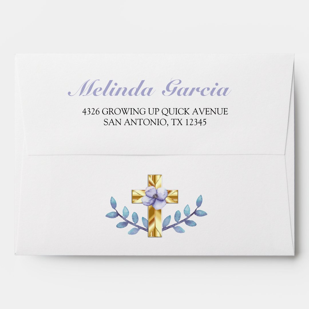 Elegant Lavender Floral Gold Cross Baby Baptism Envelope | Zazzle