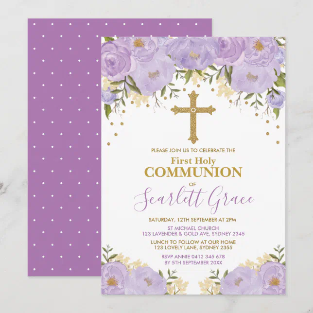 Elegant Lavender & Gold Floral Holy Communion Invitation | Zazzle