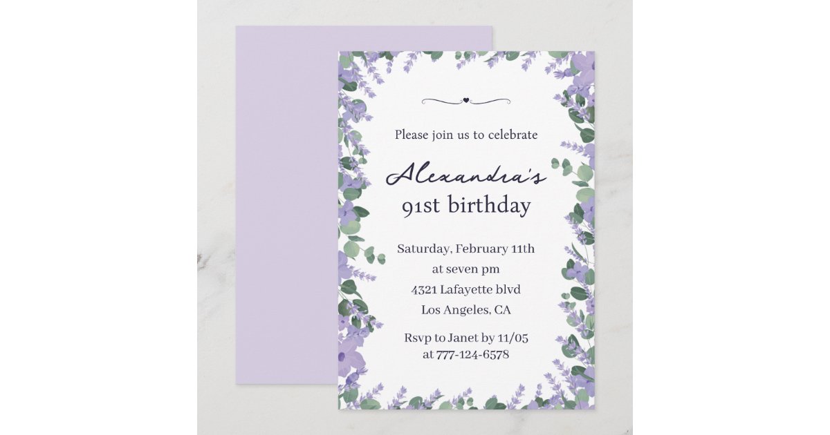 Elegant Lavender Purple Floral Frame 91st birthday Invitation | Zazzle