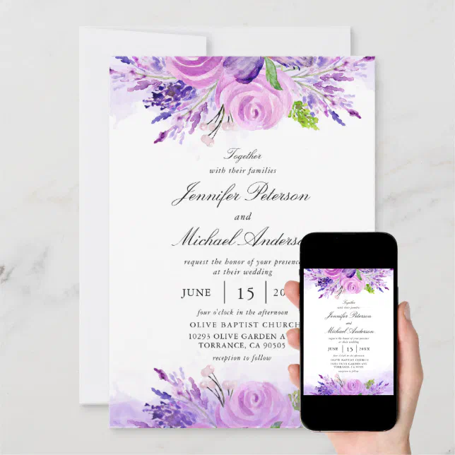 Elegant Lavender Purple Flowers Wedding Invitation | Zazzle