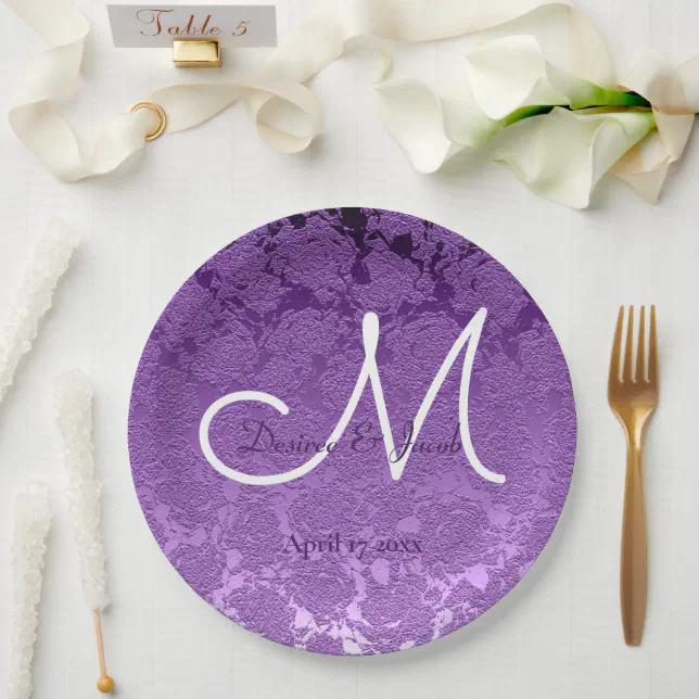 Elegant Lavender Purple White Wedding Monogram Paper Plates | Zazzle