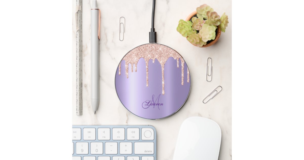 Elegant Lavender Satin with Pink Glitter Drips Wireless Charger | Zazzle
