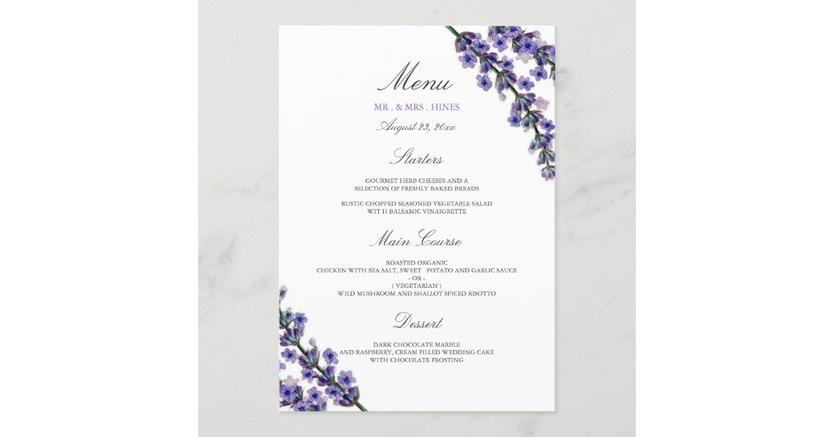 Elegant Lavender Wedding Dinner Menu | Zazzle