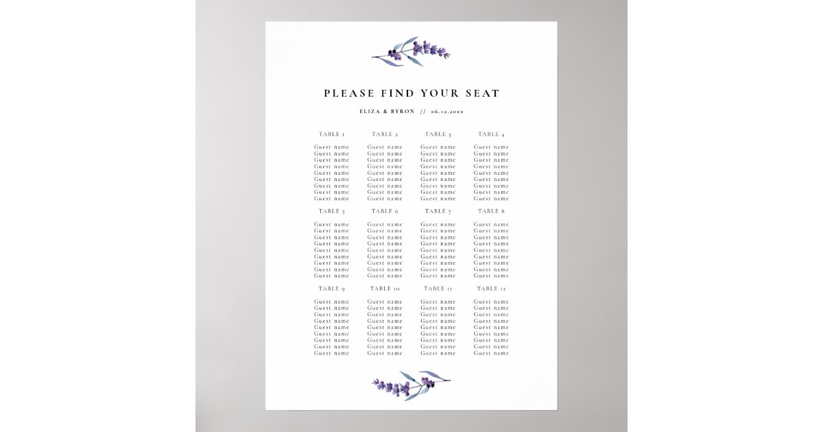 Elegant Lavender Wedding Table Seating Chart | Zazzle