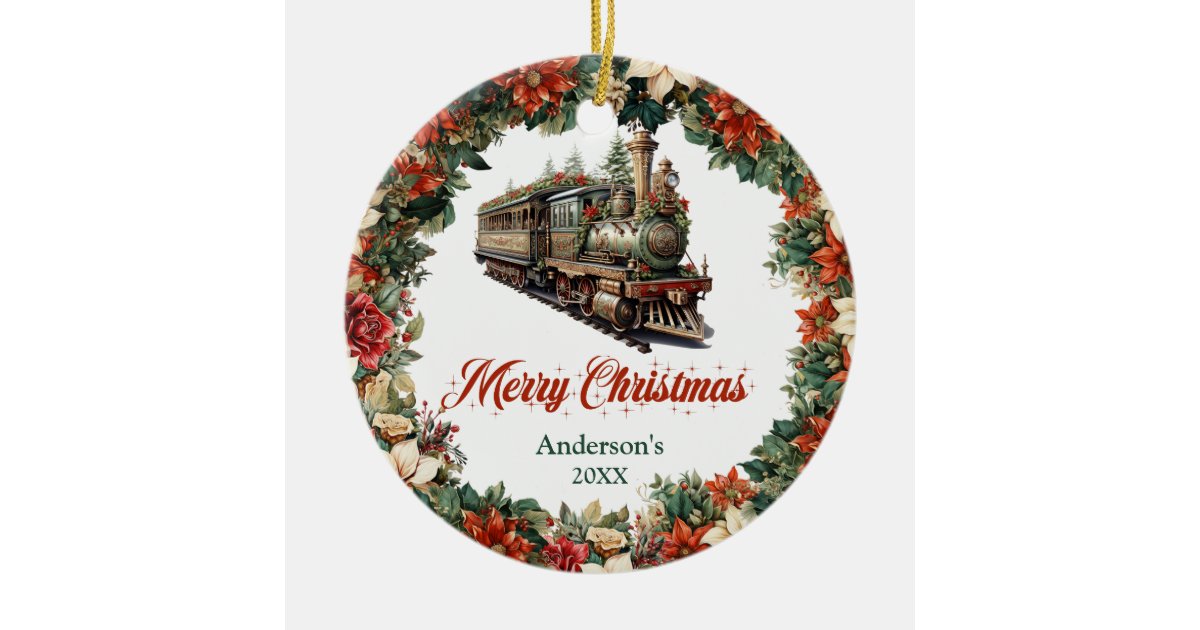 Elegant lavish Christmas wreath vintage train Ceramic Ornament | Zazzle