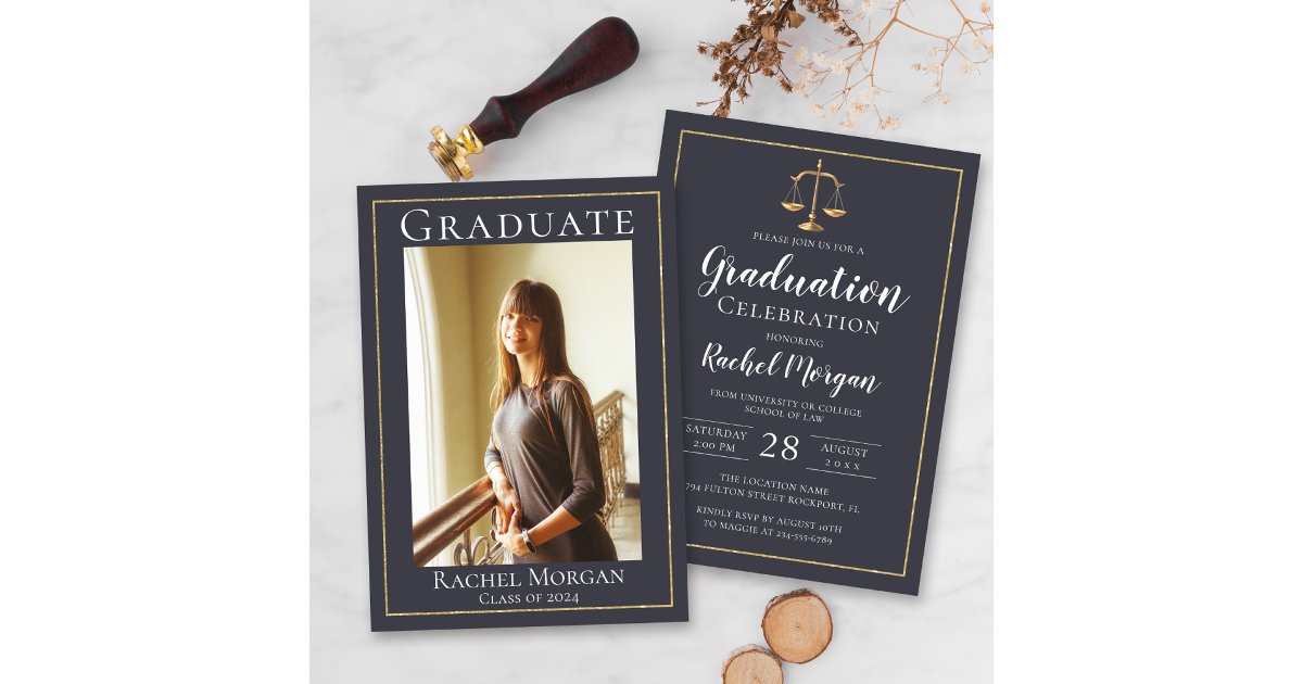 Elegant Law School Gold Justice Graduation Photo Invitation | Zazzle