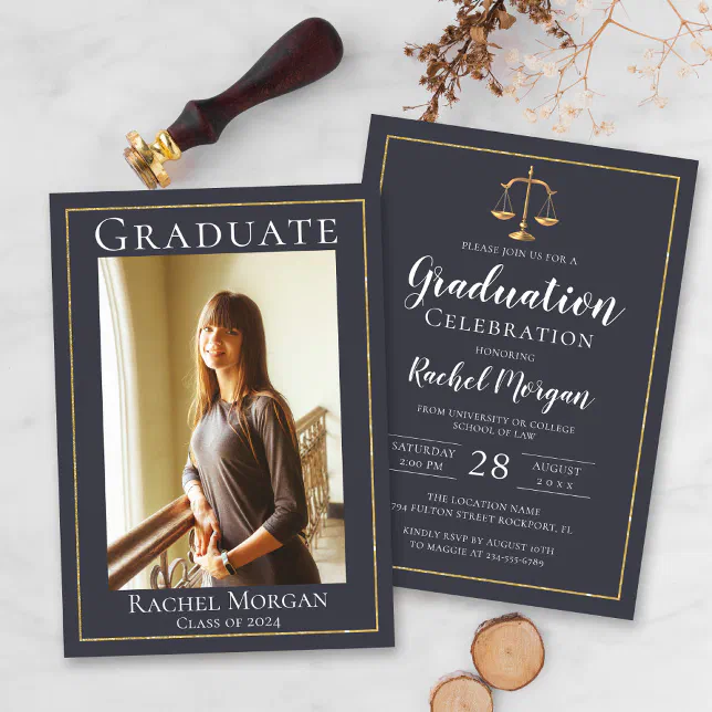 Elegant Law School Gold Justice Graduation Photo Invitation | Zazzle