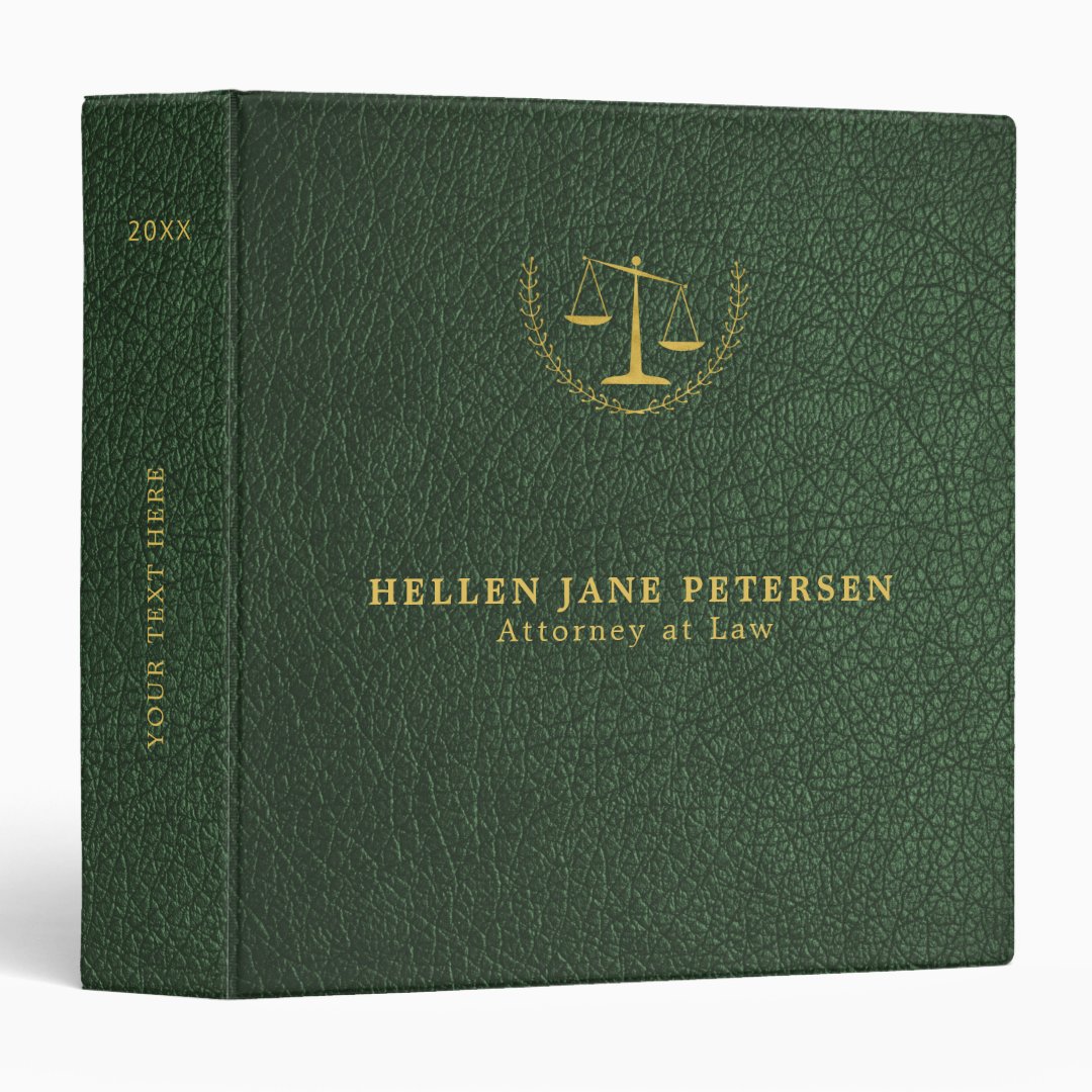 Elegant lawyer office gold green leather 3 ring binder | Zazzle