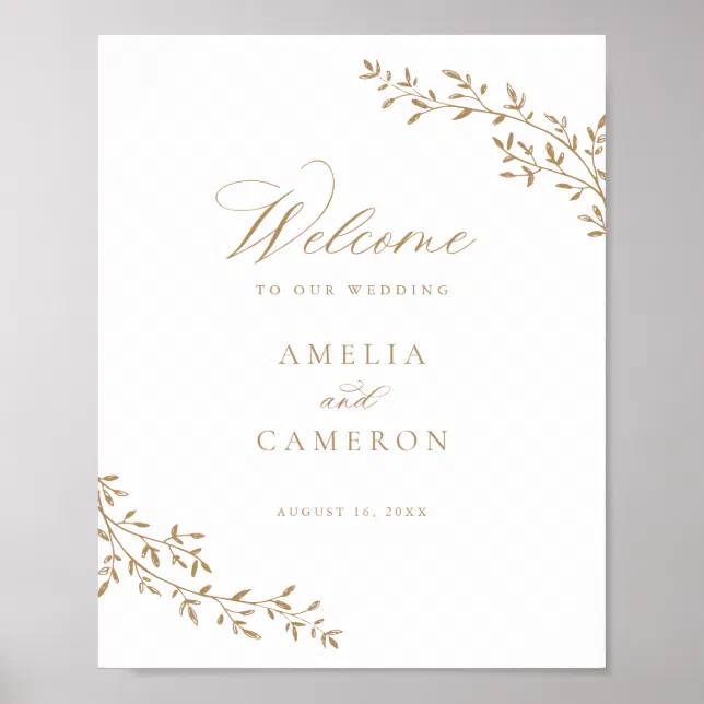 Elegant Leaf Branch Botanical Gold Wedding Welcome Poster | Zazzle