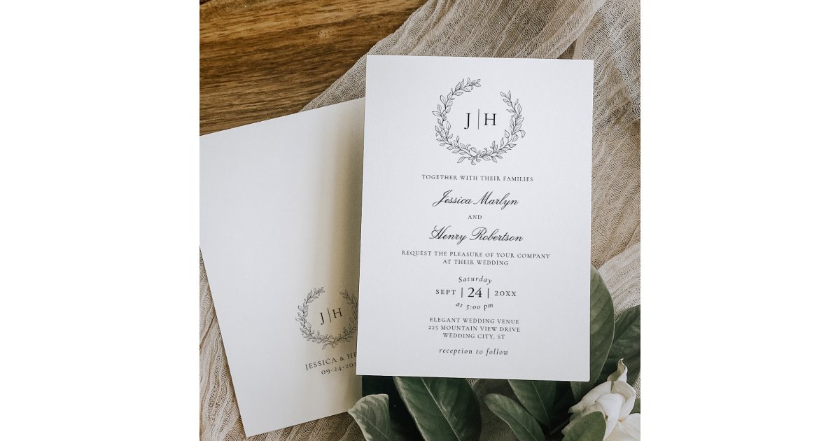 Elegant Leafy Monogram Crest Wedding Invitation | Zazzle