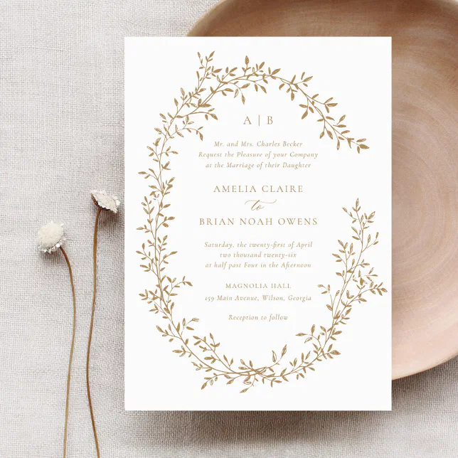 Elegant Leafy Wreath Gold Laurel Botanical Wedding Invitation | Zazzle