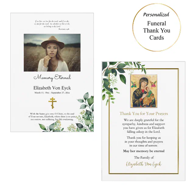 Elegant Leaves Orthodox Christian Photo Memorial Thank You Card | Zazzle