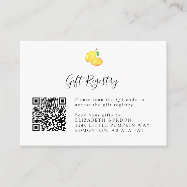 Elegant Lemon Baby Shower Gift Registry QR Code En Enclosure Card | Zazzle