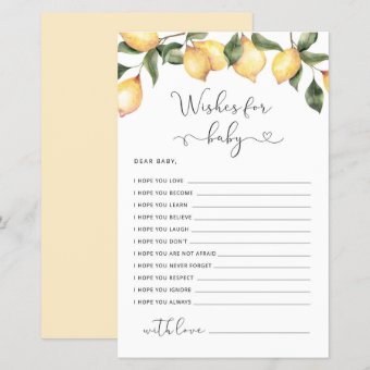 Elegant lemon baby shower wishes for baby card | Zazzle