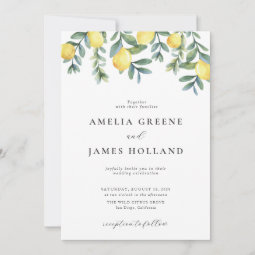 Elegant Lemon Botanical Blue Mediterranean wedding Invitation | Zazzle