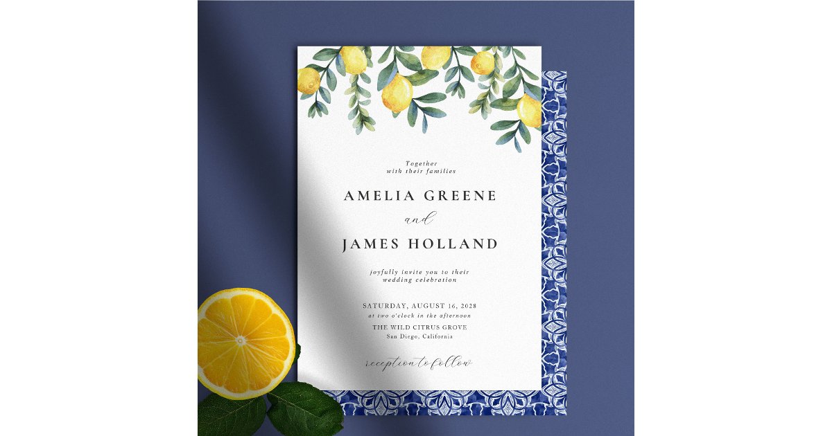 Elegant Lemon Botanical Blue Mediterranean wedding Invitation | Zazzle