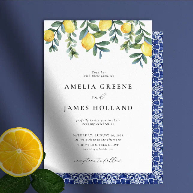 Elegant Lemon Botanical Blue Mediterranean wedding Invitation | Zazzle