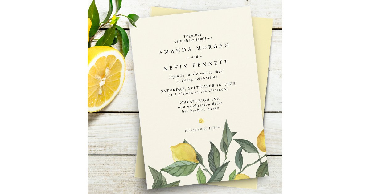 Elegant Lemon Citrus Greenery Wedding Invitation | Zazzle