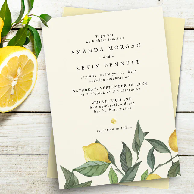 Elegant Lemon Citrus Greenery Wedding Invitation | Zazzle