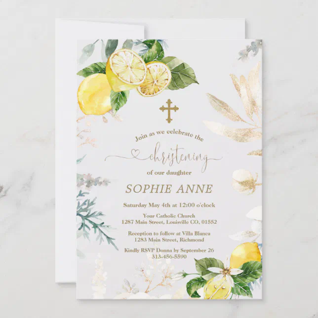 Elegant Lemon Fruits Gold Floral Girl Christening Invitation | Zazzle