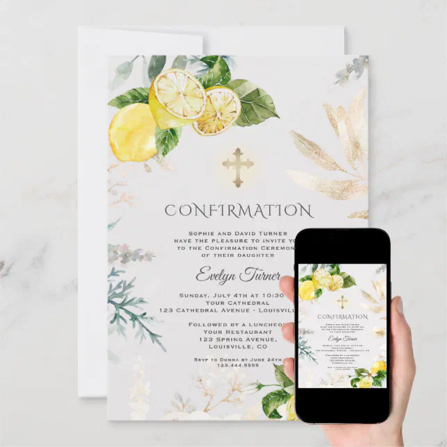 Elegant Lemon Fruits Gold Floral Girl Confirmation Invitation | Zazzle