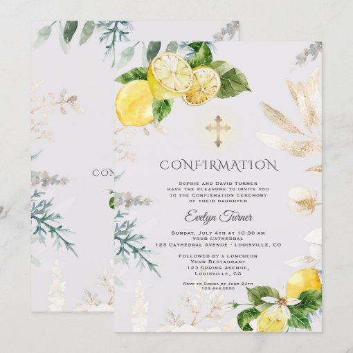 Elegant Lemon Fruits Gold Floral Girl Confirmation Invitation | Zazzle