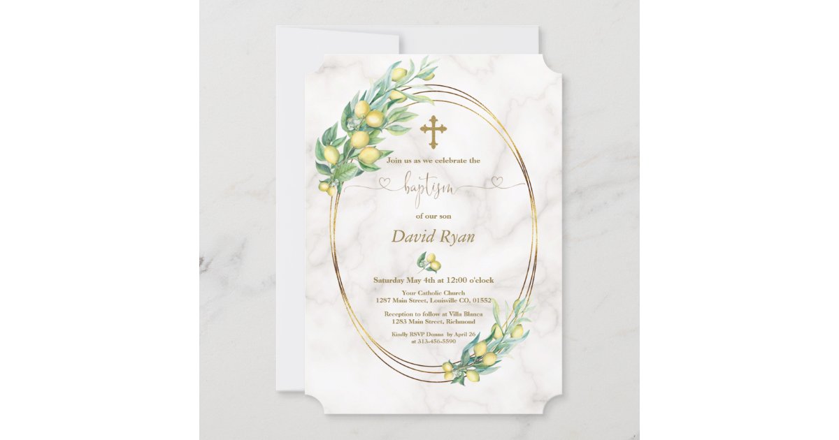 Elegant Lemon Fruits Marble Calligraphy Baptism Invitation | Zazzle