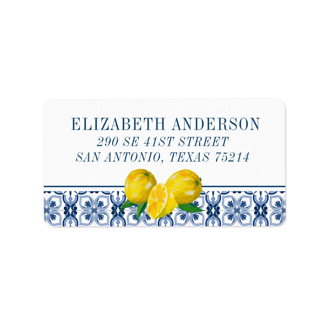 Elegant Lemon Italian Blue Tile Label | Zazzle