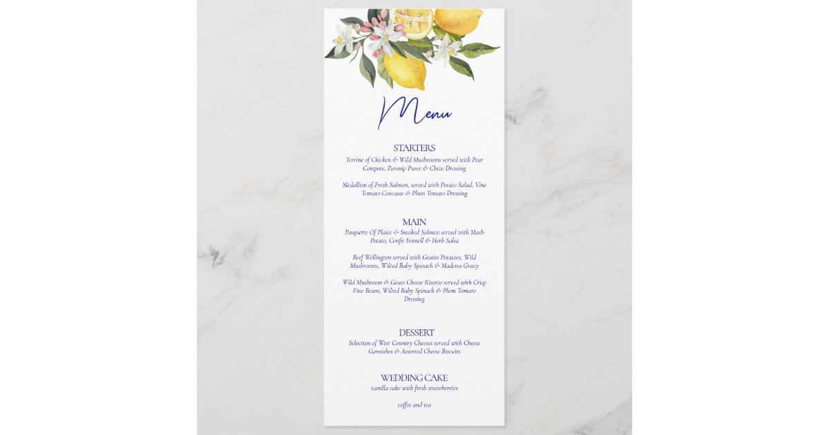 Elegant Lemon Mediterranean Wedding Menu | Zazzle